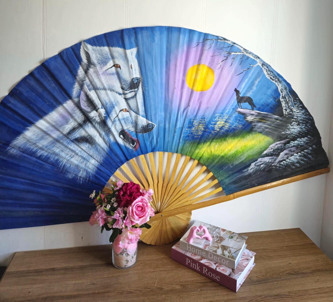 Large Vintage Chinese Hand Painted Fan With Wolves Scene - Large ...