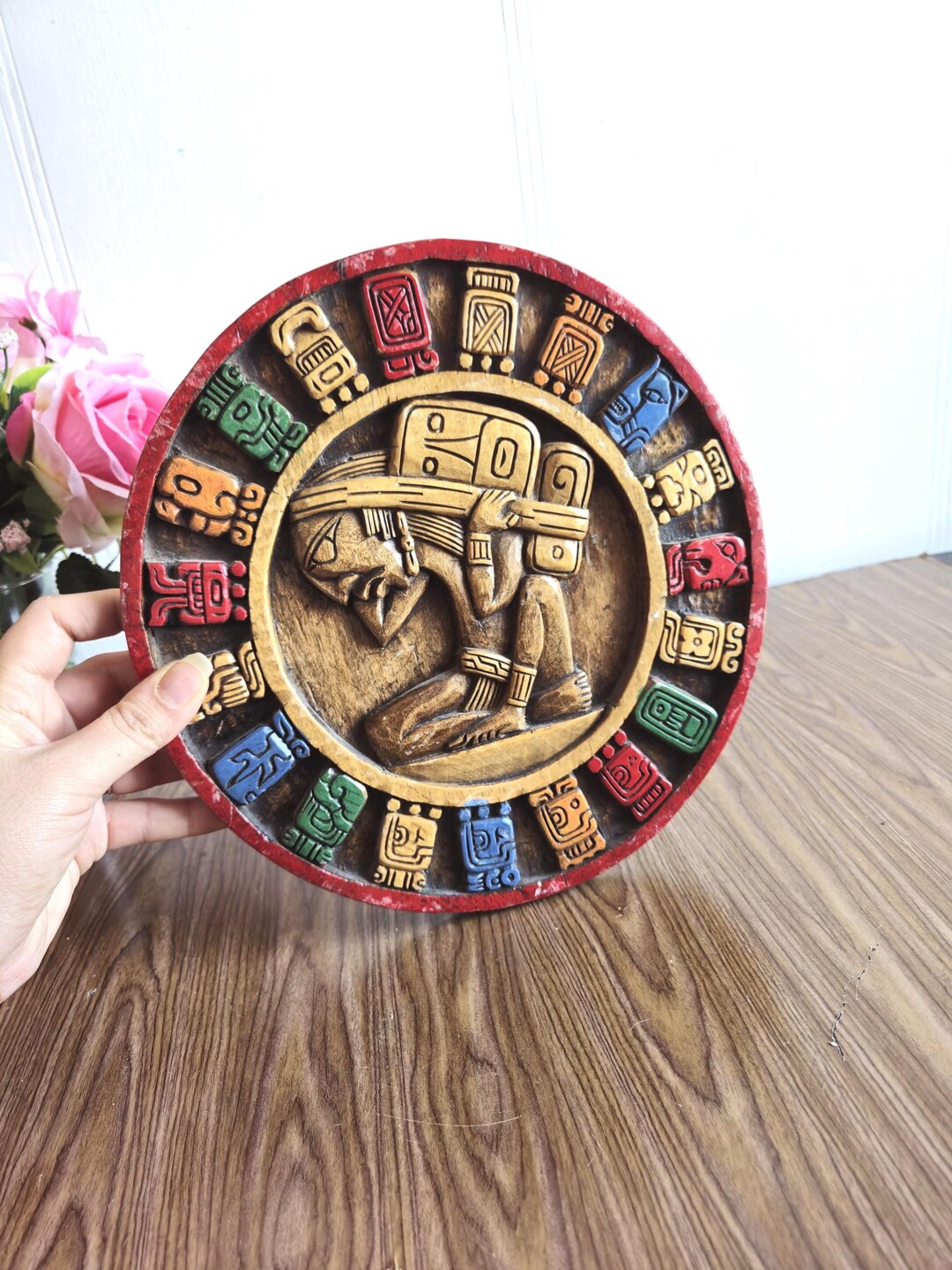 Vinatge Wooden Aztec Calendar, Mexican Wall Art Artesanias Mexicanas ...