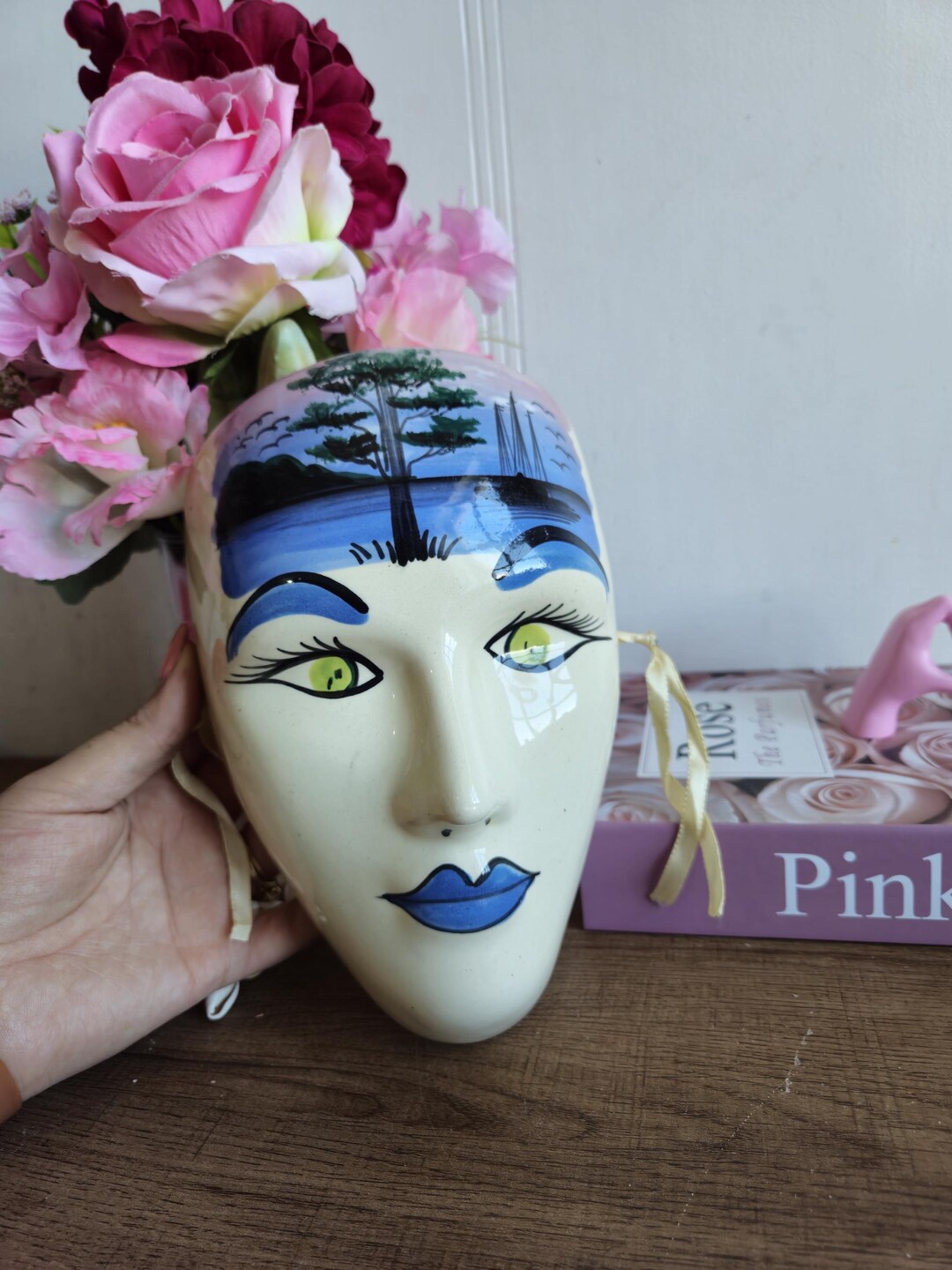 Vintage Hand Painted White Ceramic Mask, Theater Mask Figurine ...