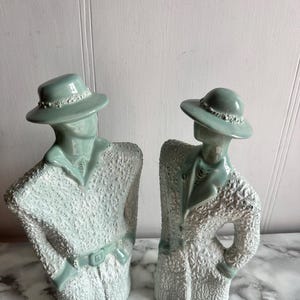 Vintage 80s Art Deco Style Light Green Ceramic Man and Woman Statues ...