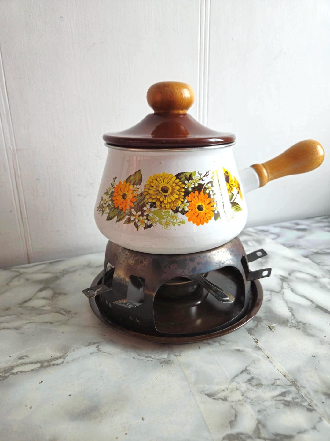 Vintage Flower Power Retro Fondue Pot and Stand, Vintage Fondue Set ...