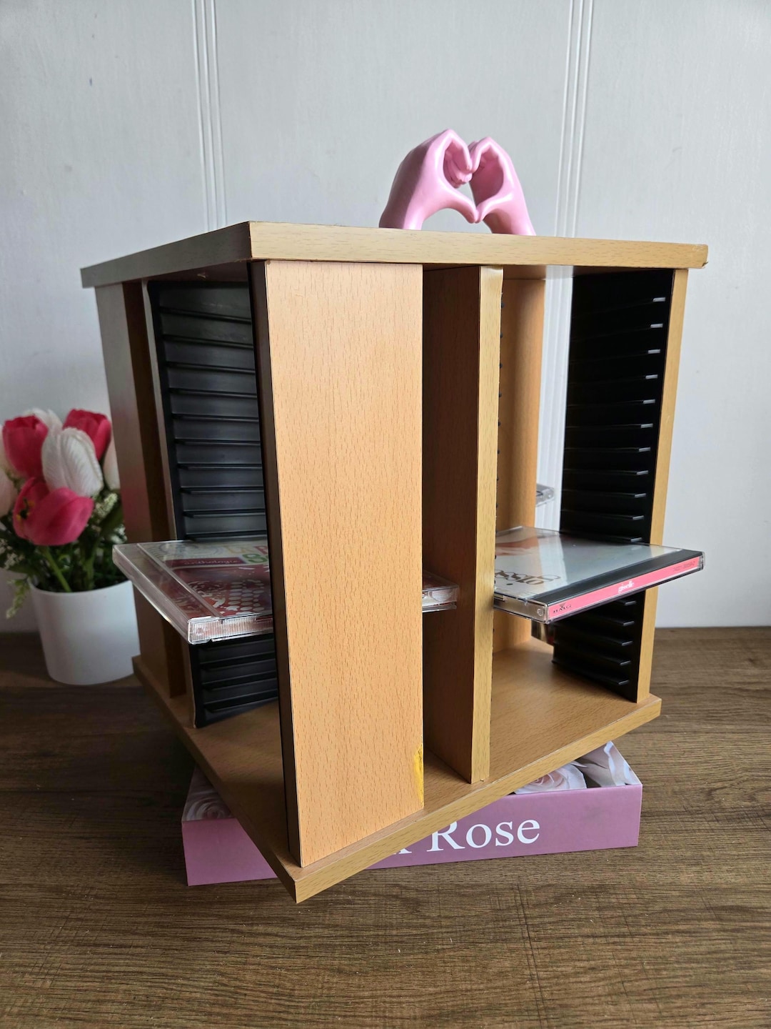 Vintage Solid Wood Cds Rack 360 Rotatable Desktop CD Storage Box Large ...