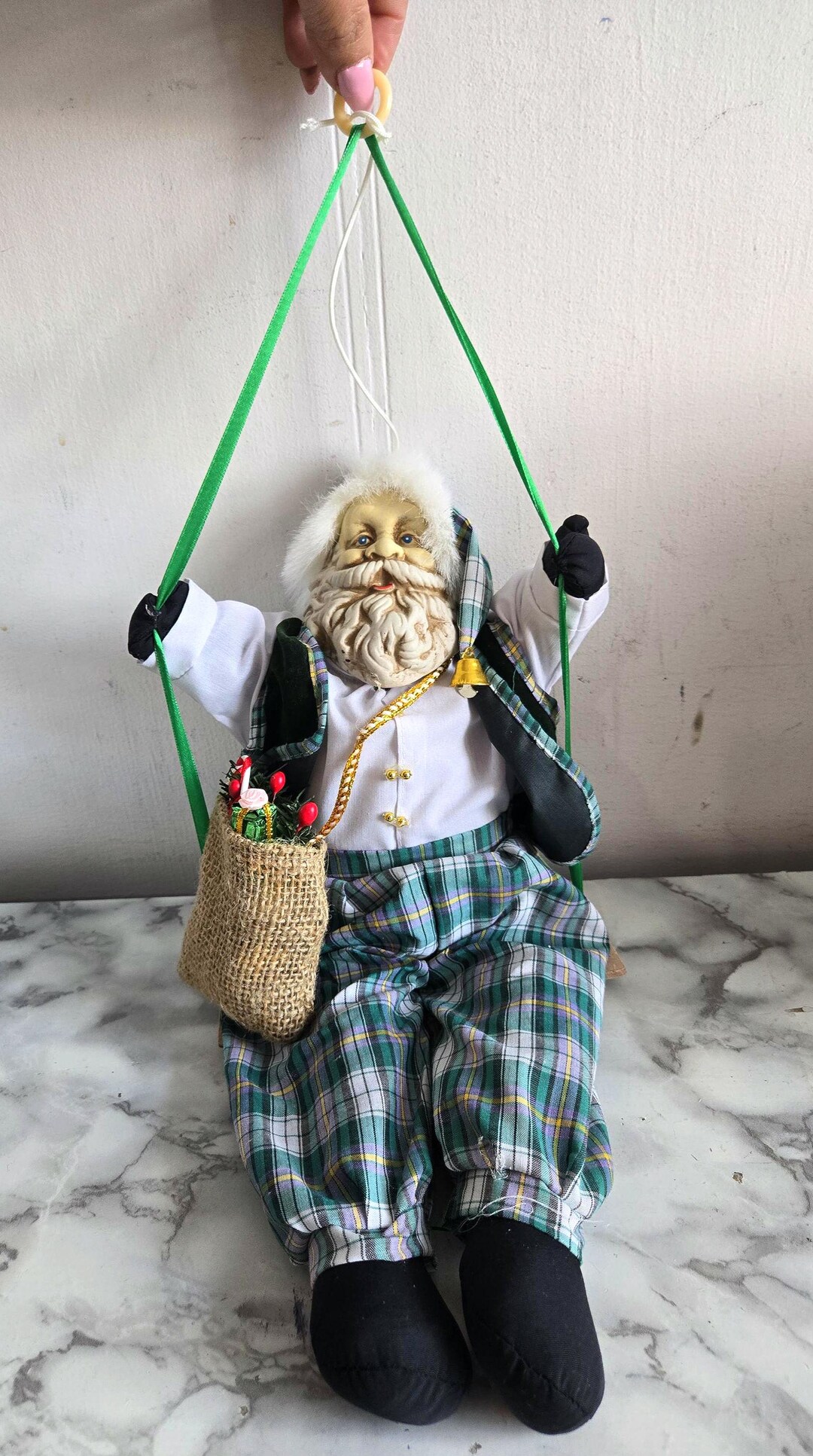 Vintage" Santa Claus Doll on a Swing With Ceramic Face & Cloth Body, in ...