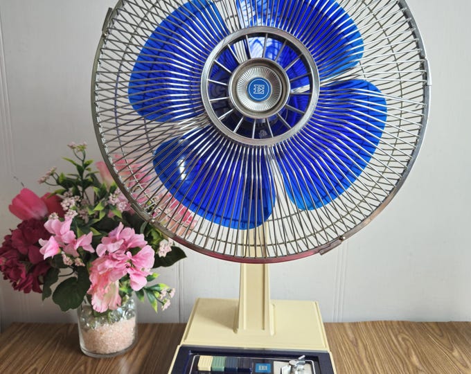 70s Vintage Table Fan, Deluxe Oscillating Fan, Blue and off White, Made ...