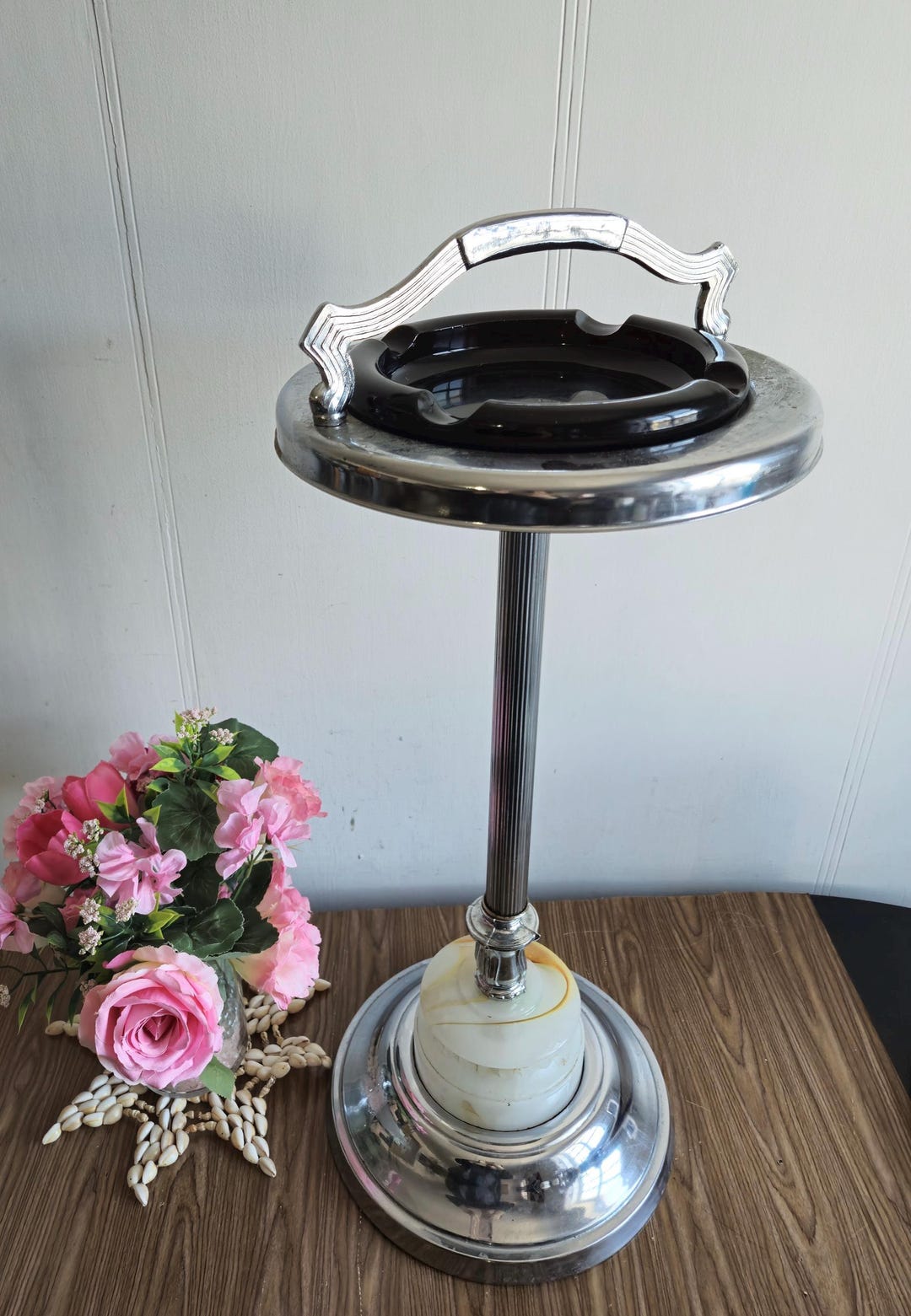 Vintage 60s Art Deco Chrome and Glass Standing Ashtray With Dark Glass ...