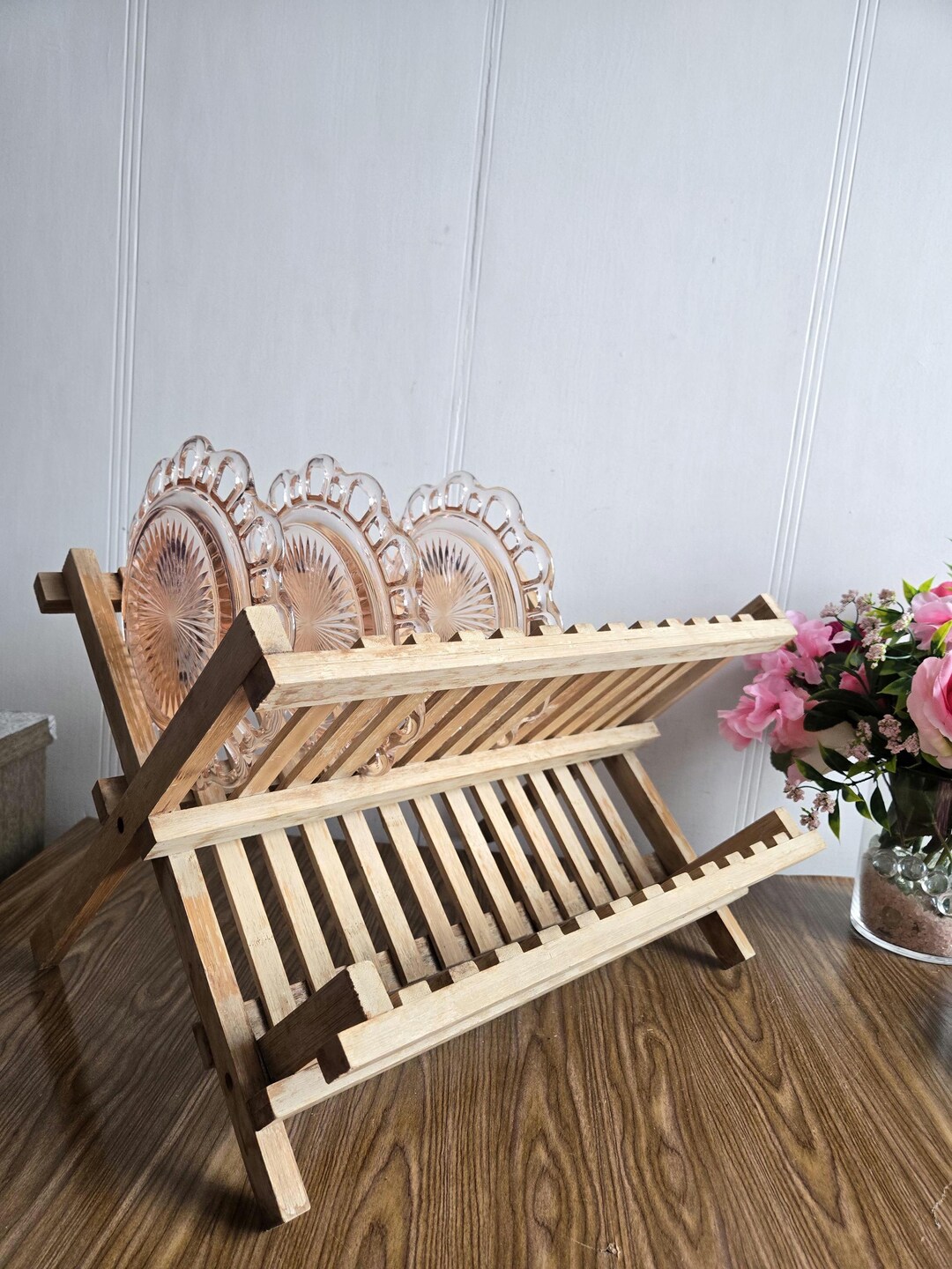 Vintage Wooden Dish Drying Rack | Bamboo Plate Rack , Plate Holder ...