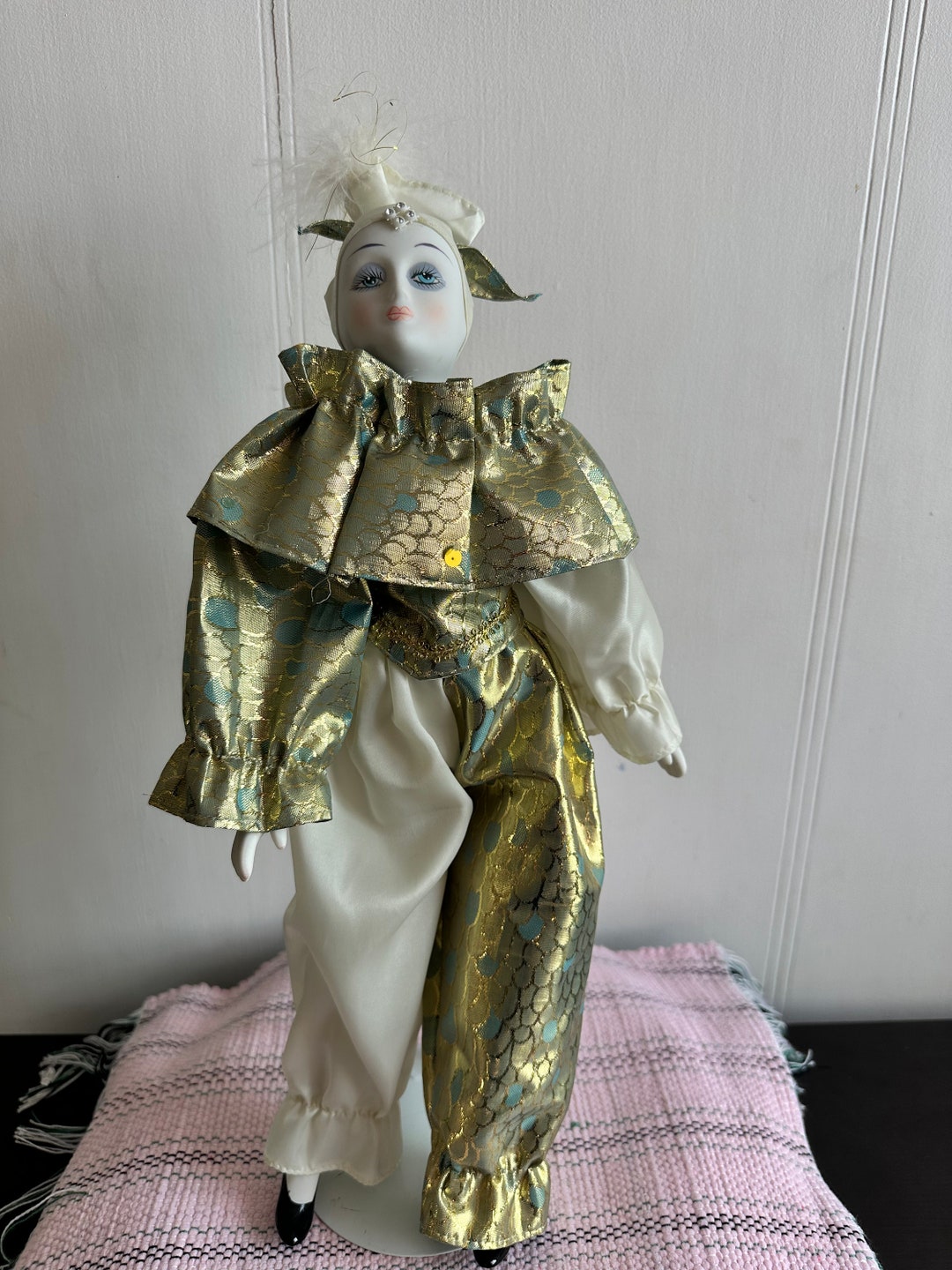 Vintage Pierrot Clown Doll Porcelain Head Arms Feet White & Golden ...