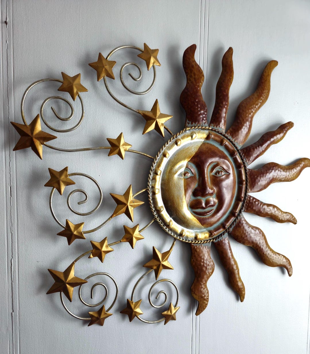 Vinatge Metal Sun and Moon Wall Art Decoration Moon Face Statue Art ...