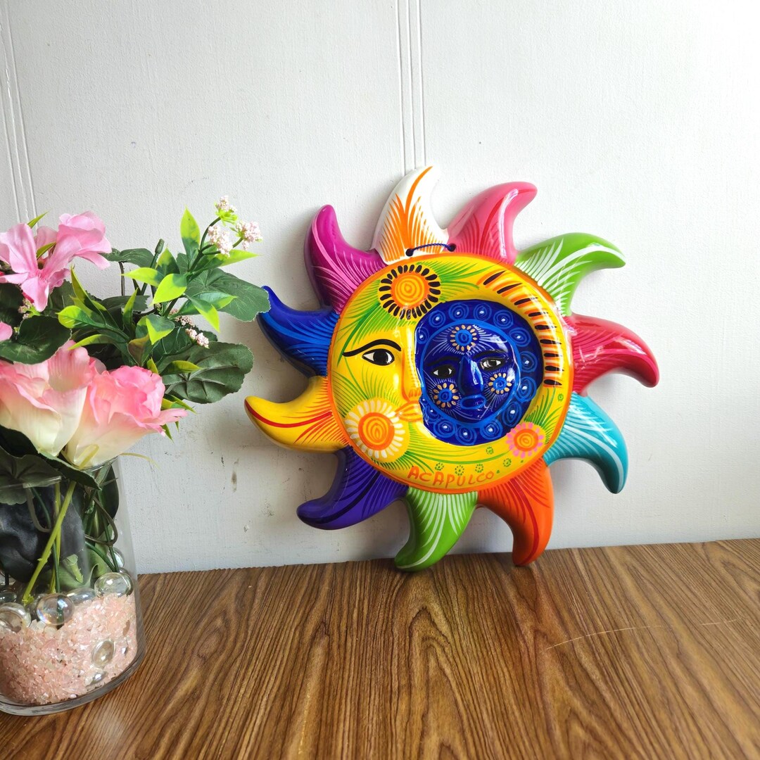 Vintage Mexican Sun Moon Face Eclipse Folk Art Talavera Pottery Hand ...