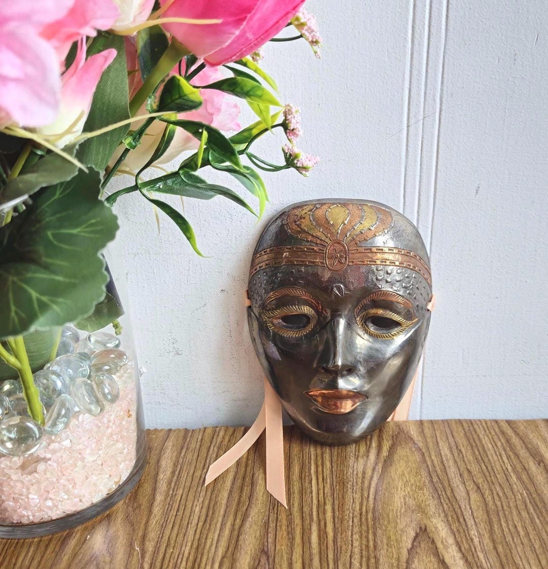 Vintage Brass Face Mask, 80s Home Decor, 80s Brass Face Decor, Brass ...