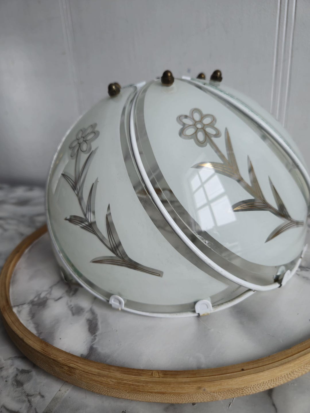 Vintage 80s Glass 6 Panel & White Floral Pattern Ceiling Lightshade ...