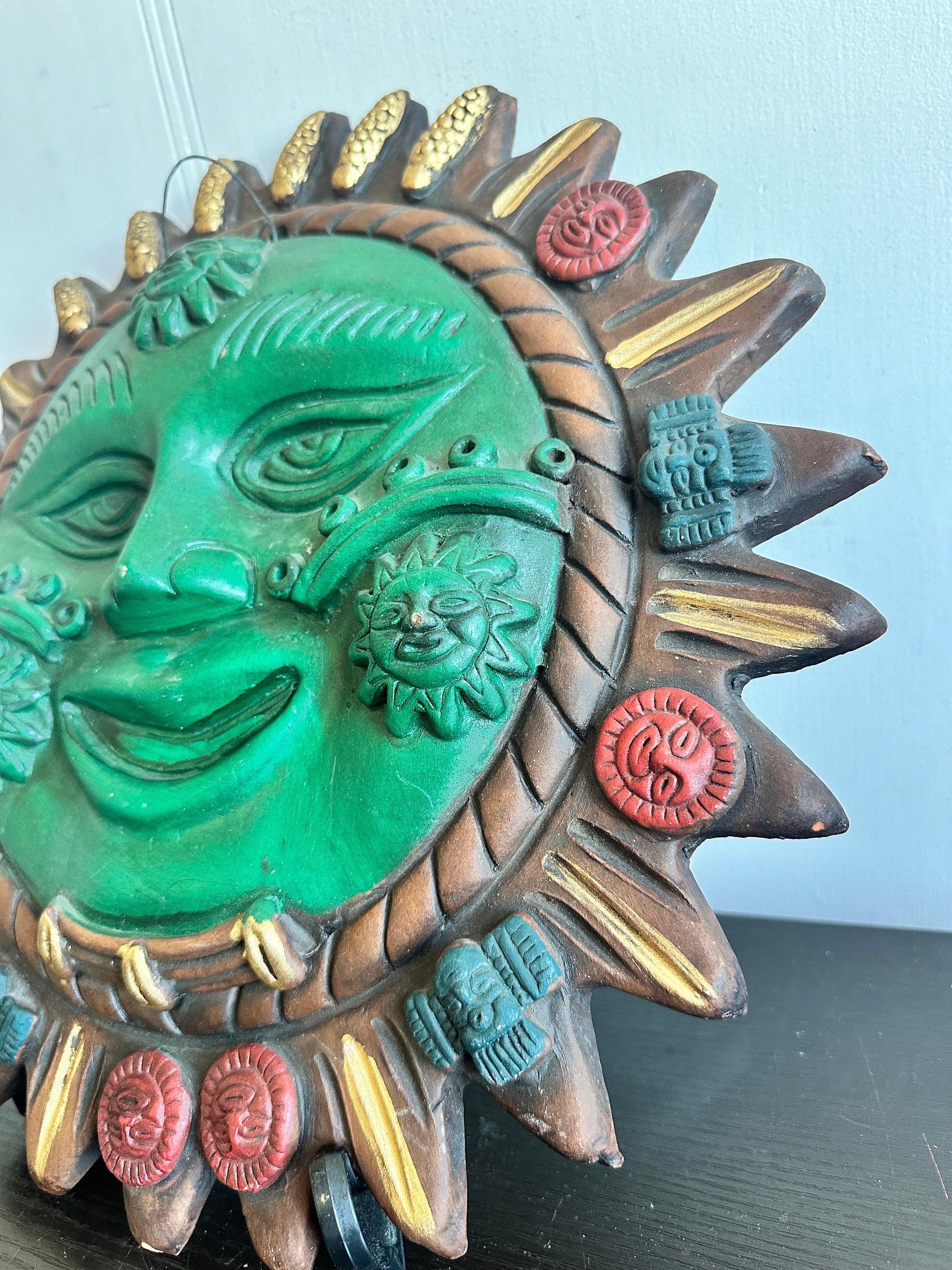 Vintage Large Terracotta Sun God Face Sculpture Handcrafted Folk Wall ...