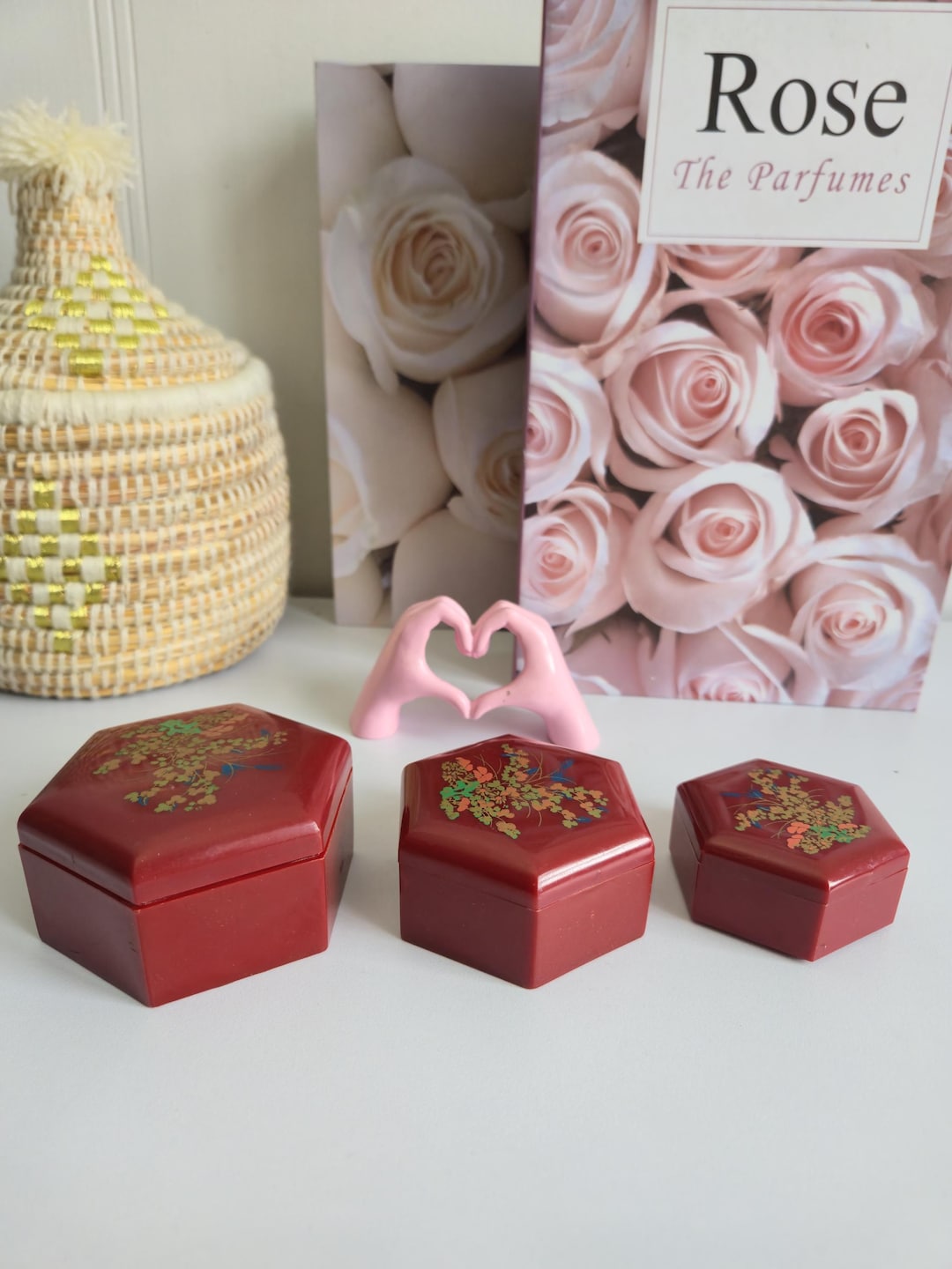 Set of 3 Vintage Nesting Lacquer Storage Boxes. Red Floral Asian ...