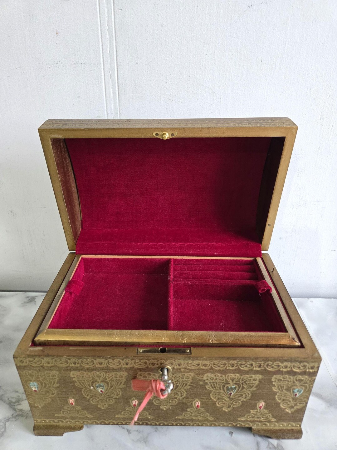 Vintage Jewelry Box, Gold Gilded, Keepsake Box, Boudoir Decoration, Red ...