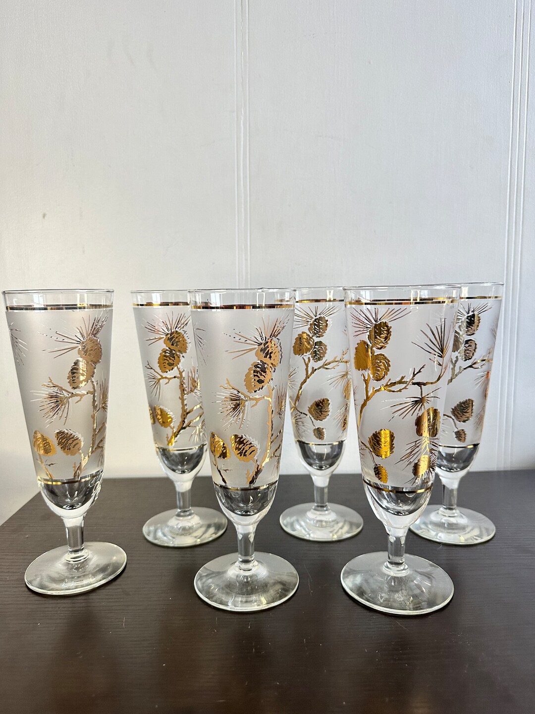 Vintage 6 Cocktail Cups , Gold & Frosted Pine Cone 22k Gold Pine Needle ...