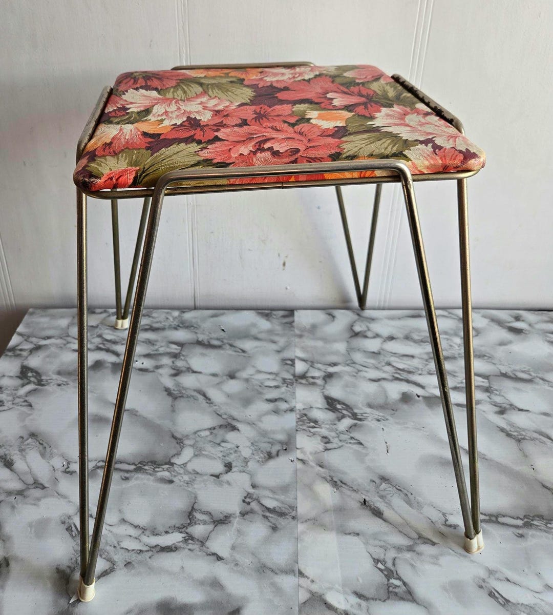 Vintage Hairpin Leg Stacking Stools Vintage Original Floral Vinyl Seats ...
