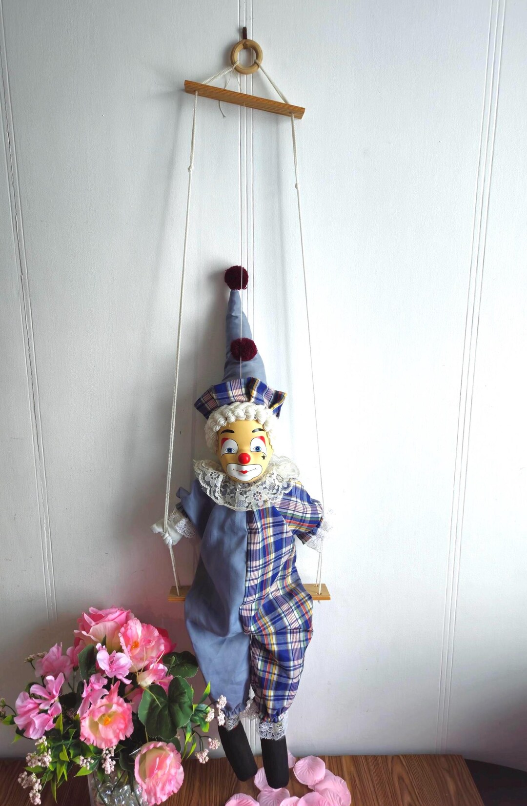 Vintage Clown Buffoon Puppet on Bench, High Swing, Porcelain Face. - Etsy
