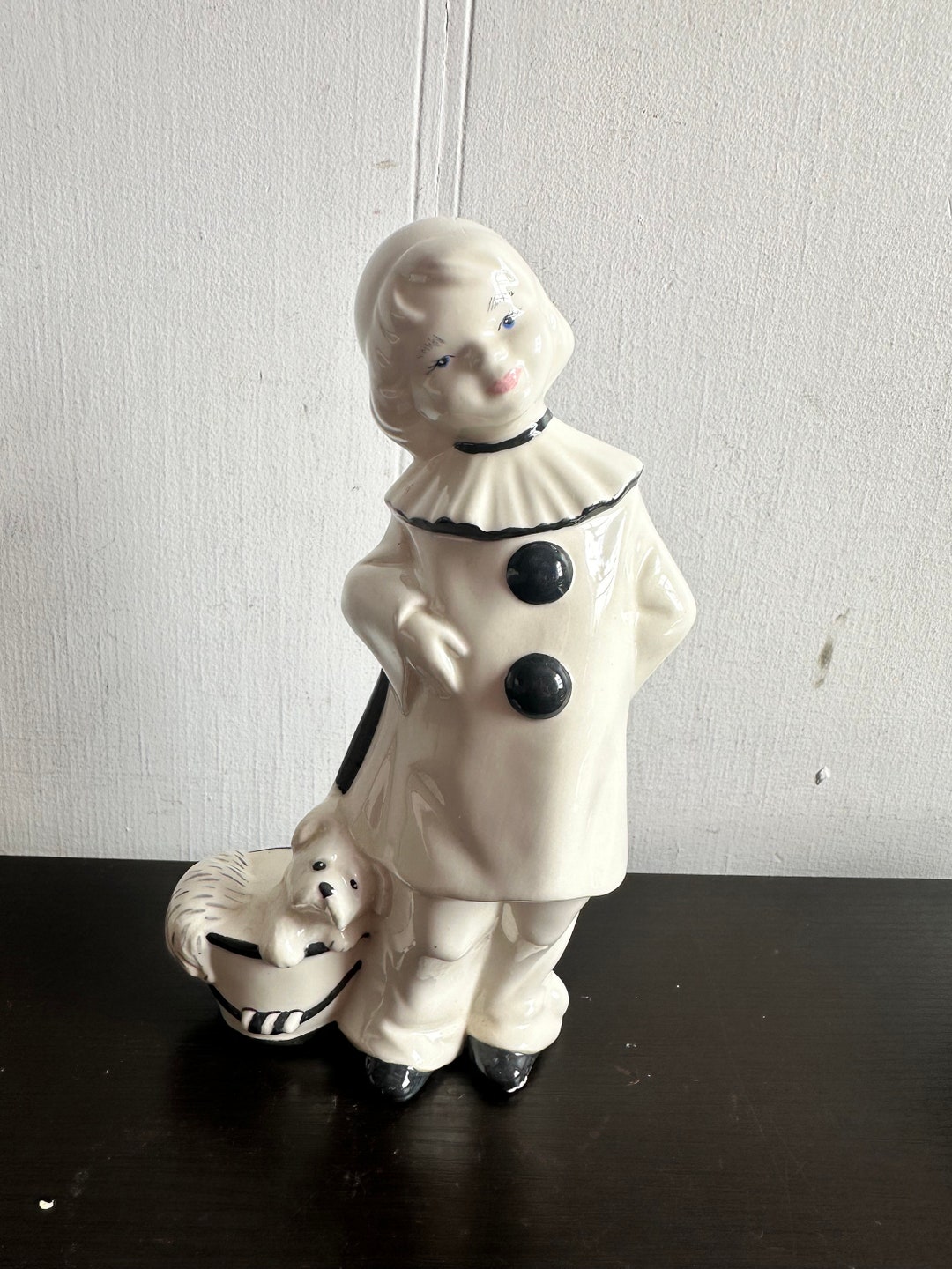 Vintage Pierrot Mime Statue Black & White Enameled Plaster Clown ...