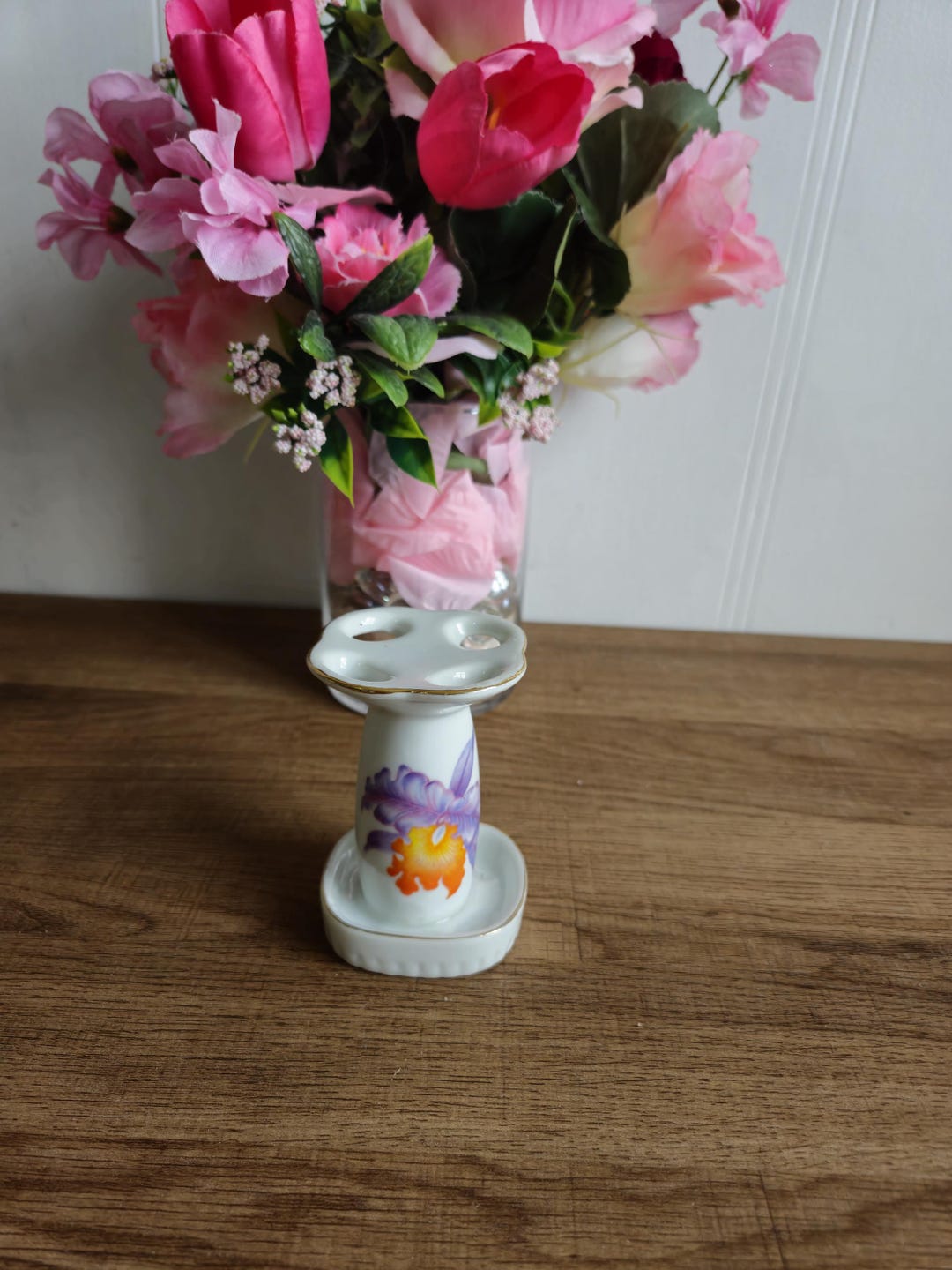 Vintage Toothbrush Holder - Porcelain Bathroom Decor - Floral Decorated ...