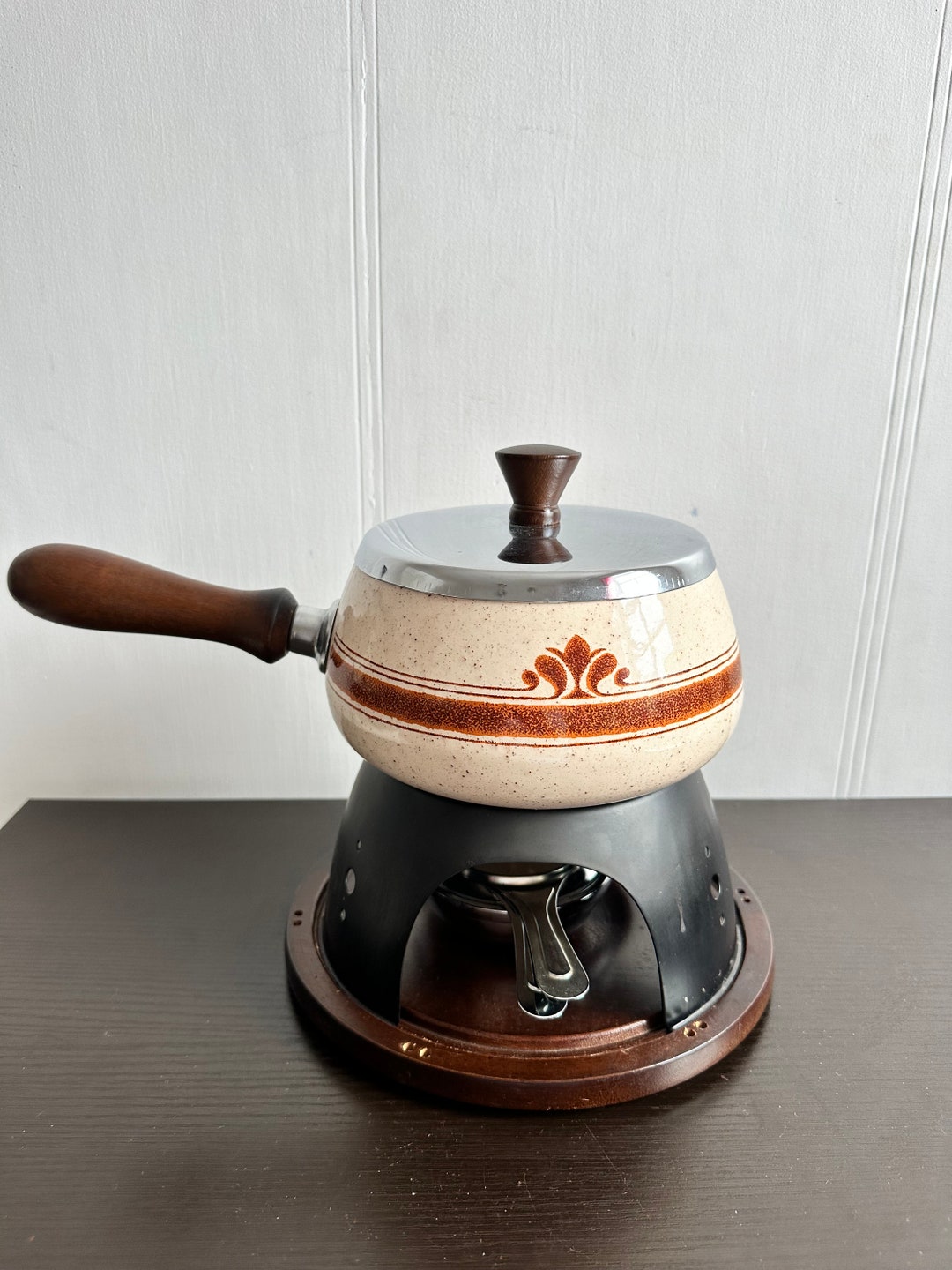 Vintage Fondue Set, Retro 70's Beige Brown Stipes Fondue Pot, Stand ...