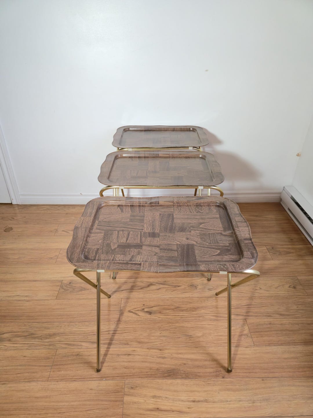 Vintage Metal Tray With Stand MCM Gold Faux Wood - Etsy