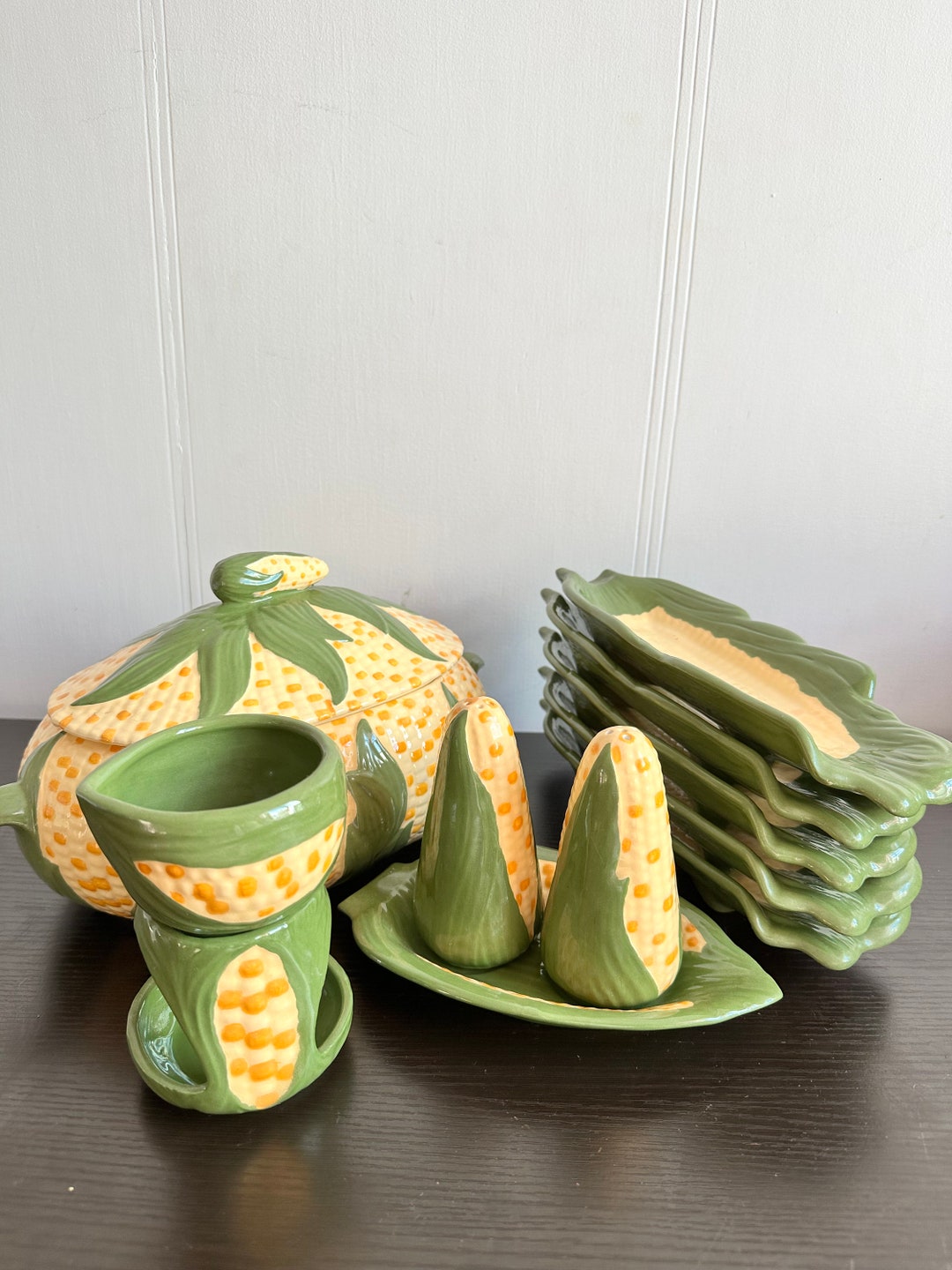 Vintage Corn on the Cob Set ceramic Corn Plate & Covered Serving Bowl ...