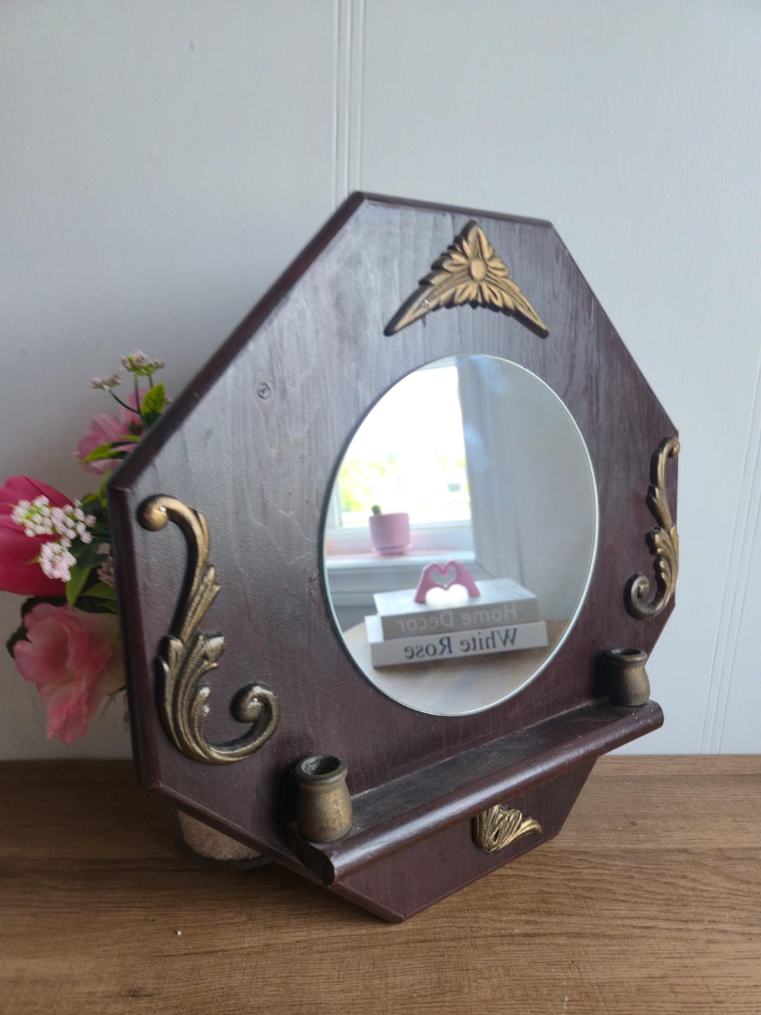 Vintage Mirror in Wooden Frame on Stand With a Candle Holder, Wooden ...