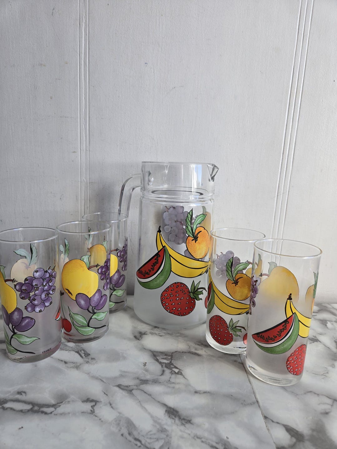Vinatge Glass With Fruit Pattern Pitcher With Eight Glass Tumblers Made ...