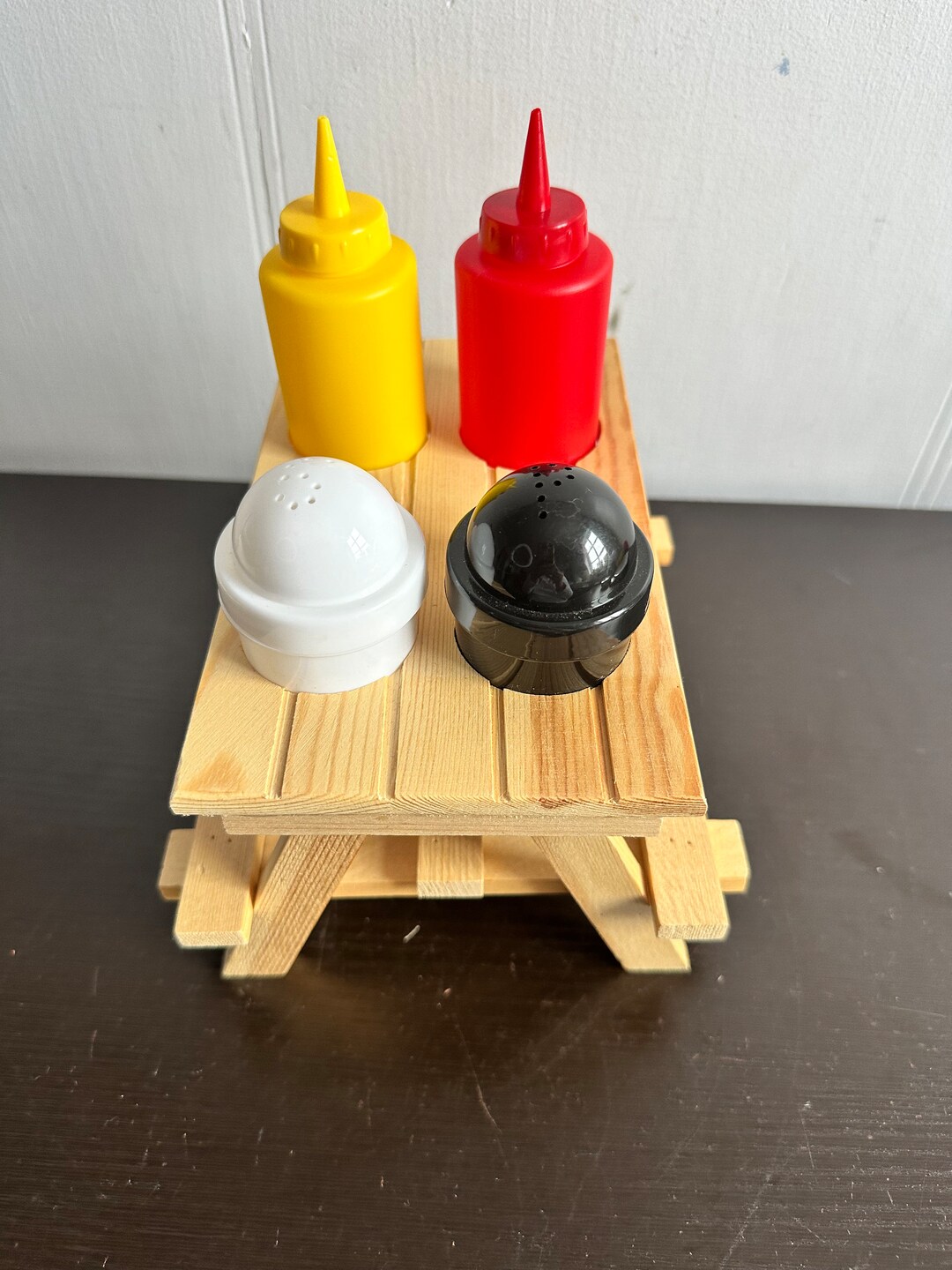 Vintage Wooden Picnic Table Condiment Set - Salt and Pepper Shaker ...