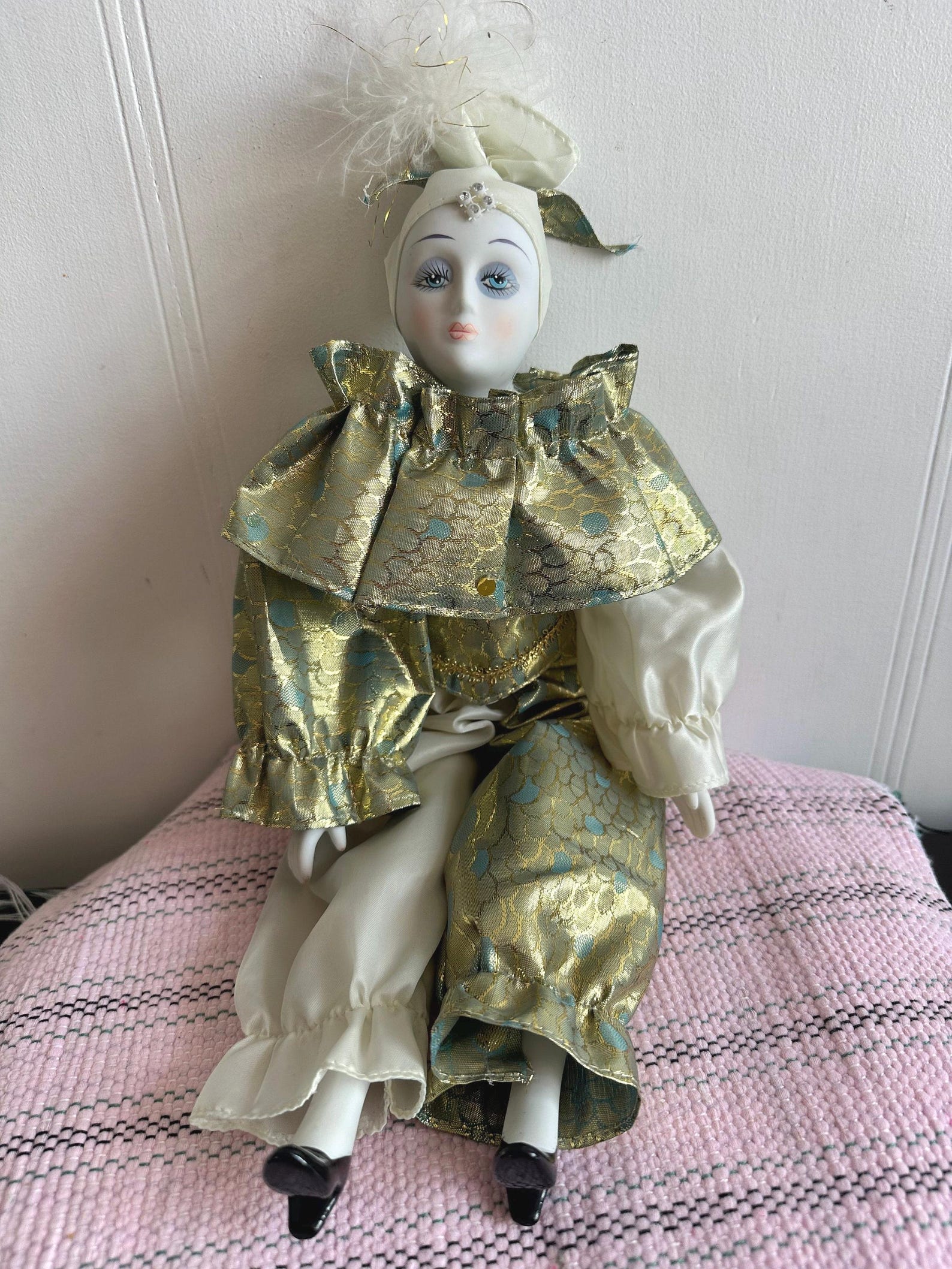 Vintage Pierrot Clown Doll Porcelain Head Arms Feet White & Golden ...