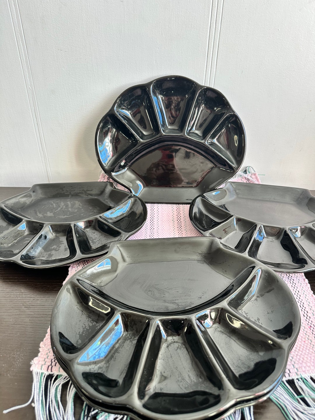 Vintage Black Shell Plates, Set of 5, Black Fondue Plate, Black Shell ...