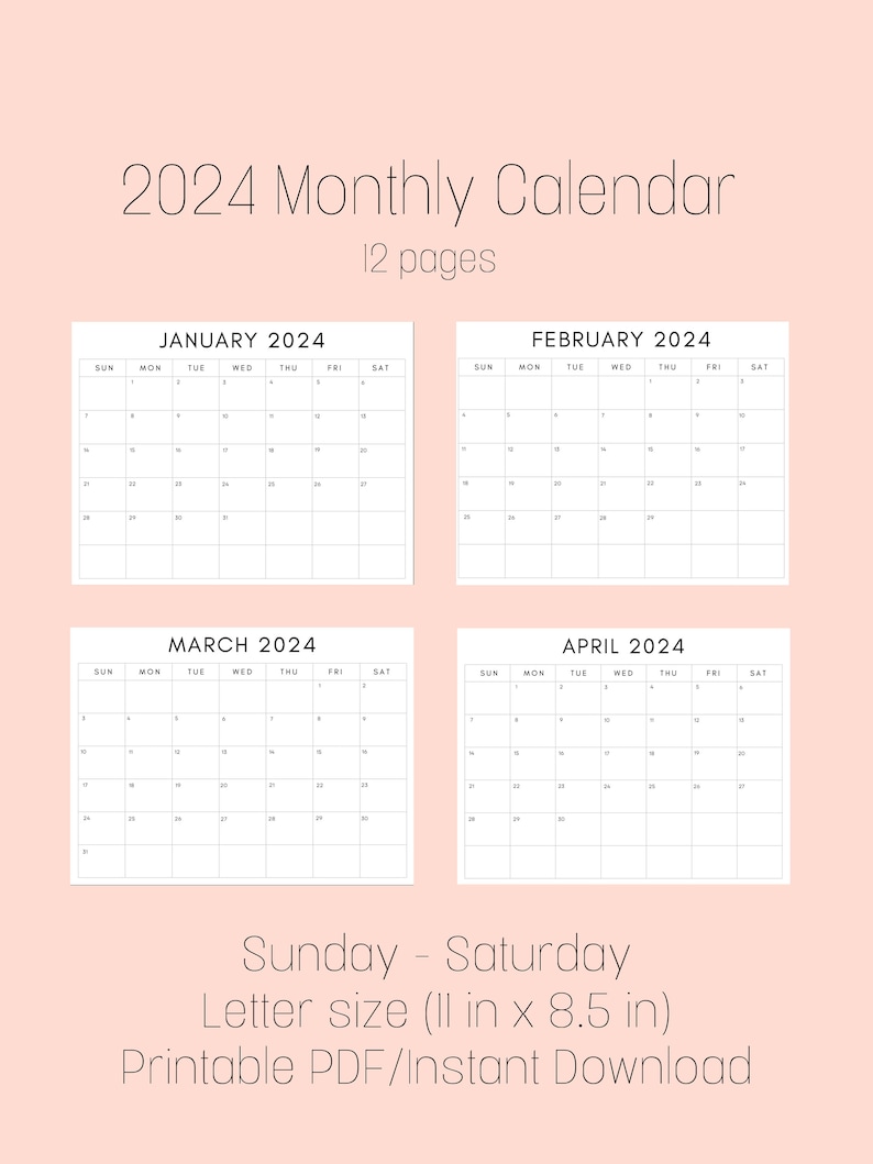 2024 Calendar 2024 Monthly Planner Landscape Simple Monthly Calendar ...