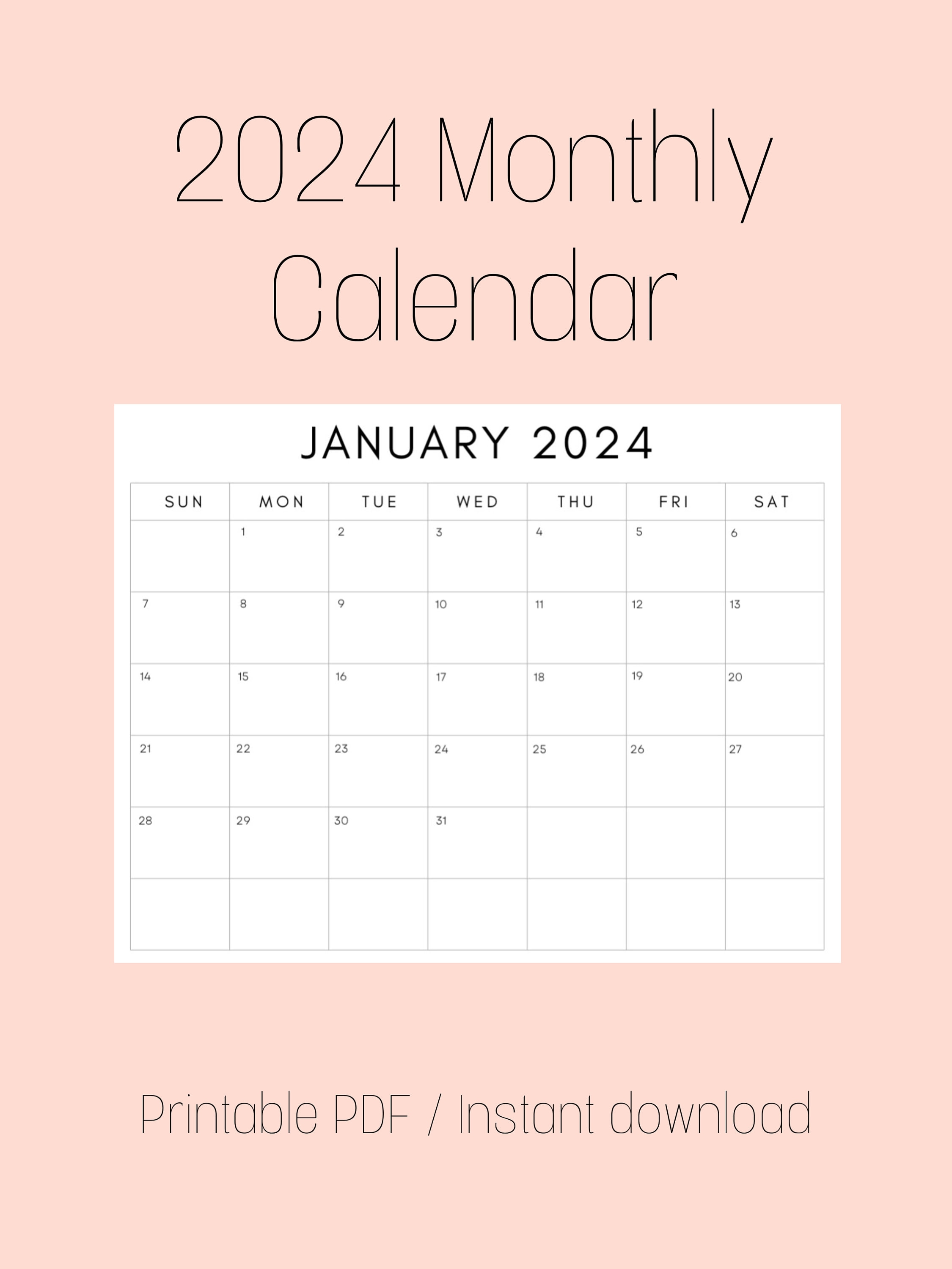 2024 Calendar 2024 Monthly Planner Landscape Simple Monthly Calendar ...