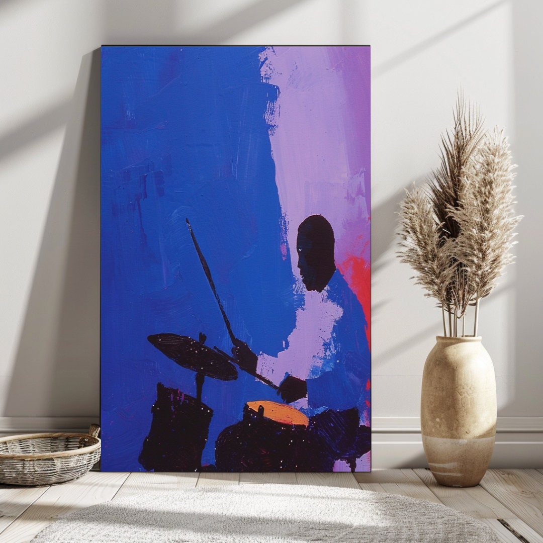 Abstract Drummer Wall Art Musician Playing Drums in a Blue and Purple ...