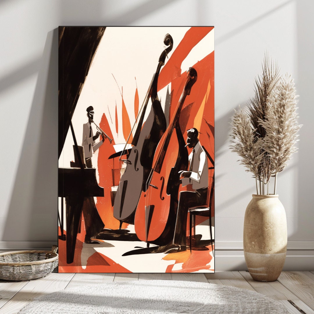 Abstract Jazz Ensemble Wall Art - Musicians Playing Double Bass and ...