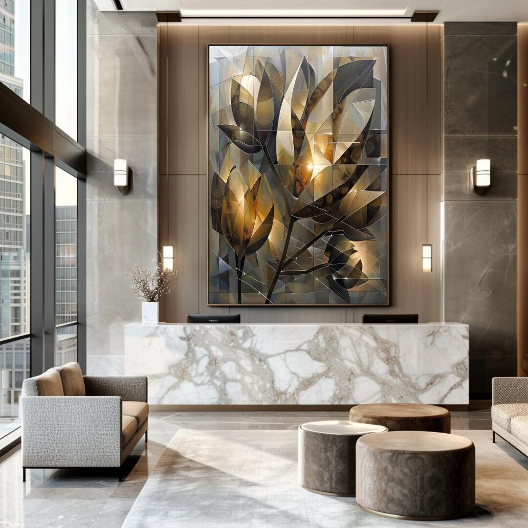 Geometric Floral Art, Modern Abstract Flower Design, Metallic Wall ...