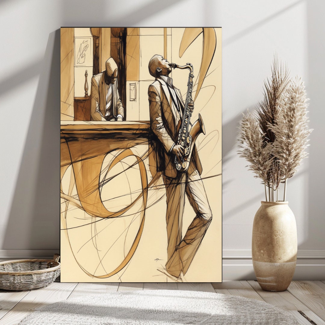 Abstract Jazz Duo Wall Art Musicians Playing Saxophone and Piano ...