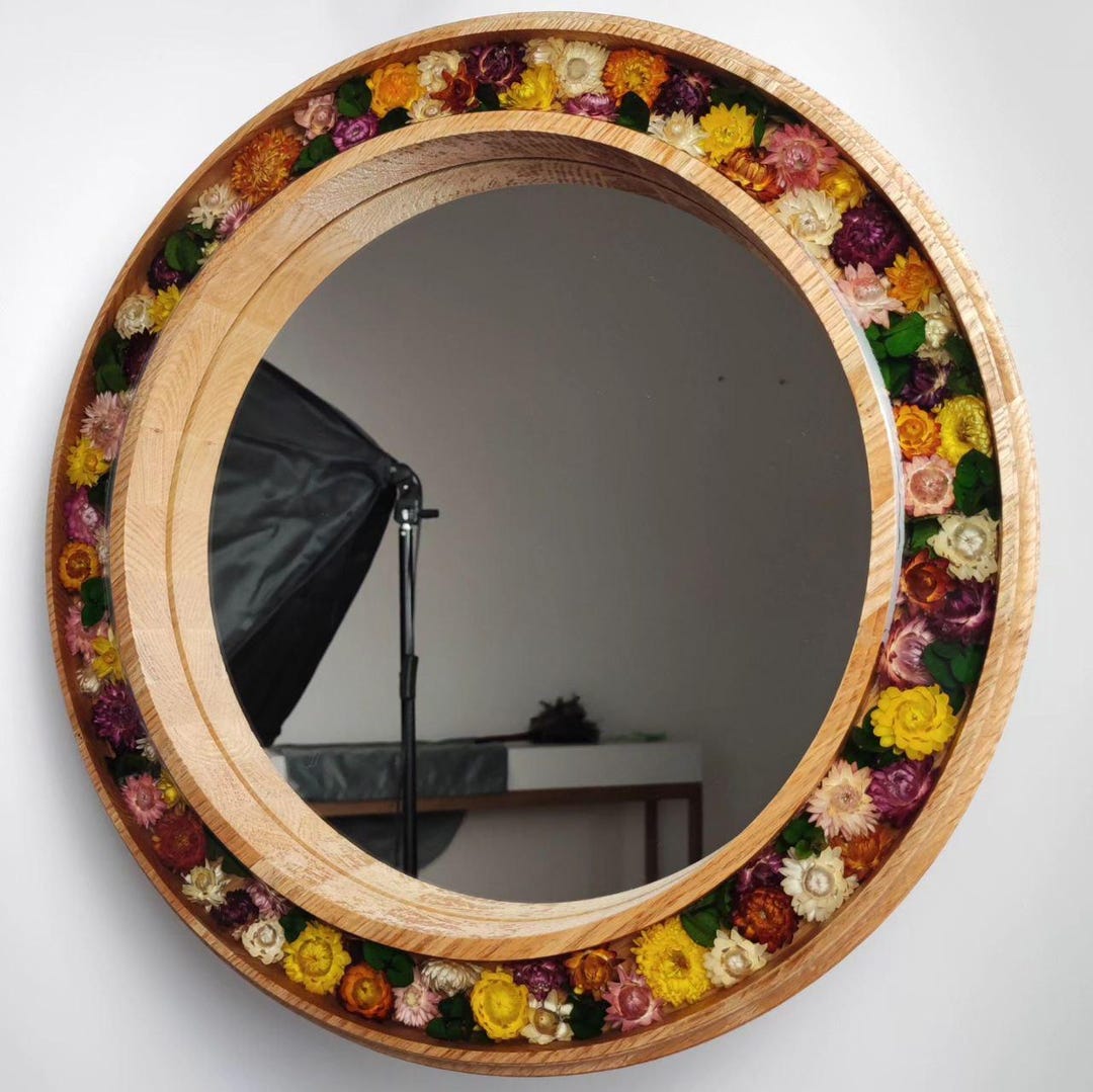 Gift for Wife Wooden Round Mirror Epoxy Art Mirror Bedroom Mirror Decor ...