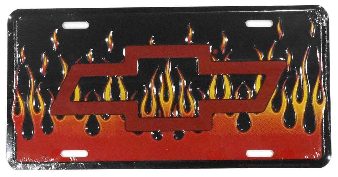 VINTAGE GM Fire Flames Bowtie Chevrolet Chevy Black Red License Plate ...