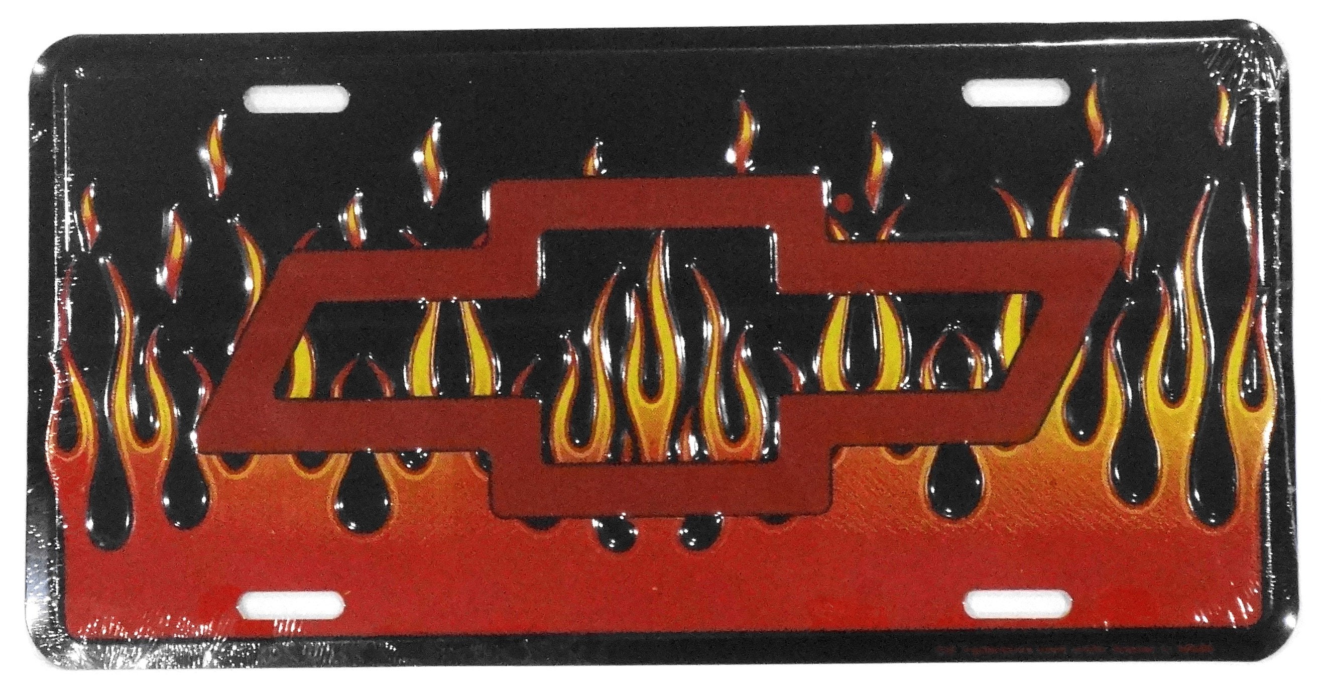 VINTAGE GM Fire Flames Bowtie Chevrolet Chevy Black Red License Plate ...