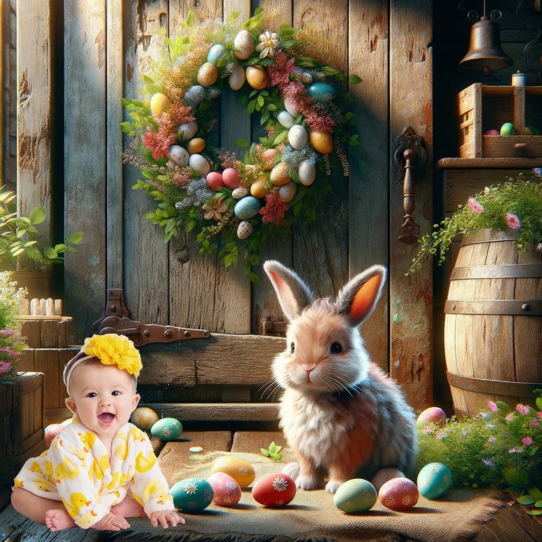 Easter Bunny Rabbit With Frame Digital Backdrop Photoshop Template ...