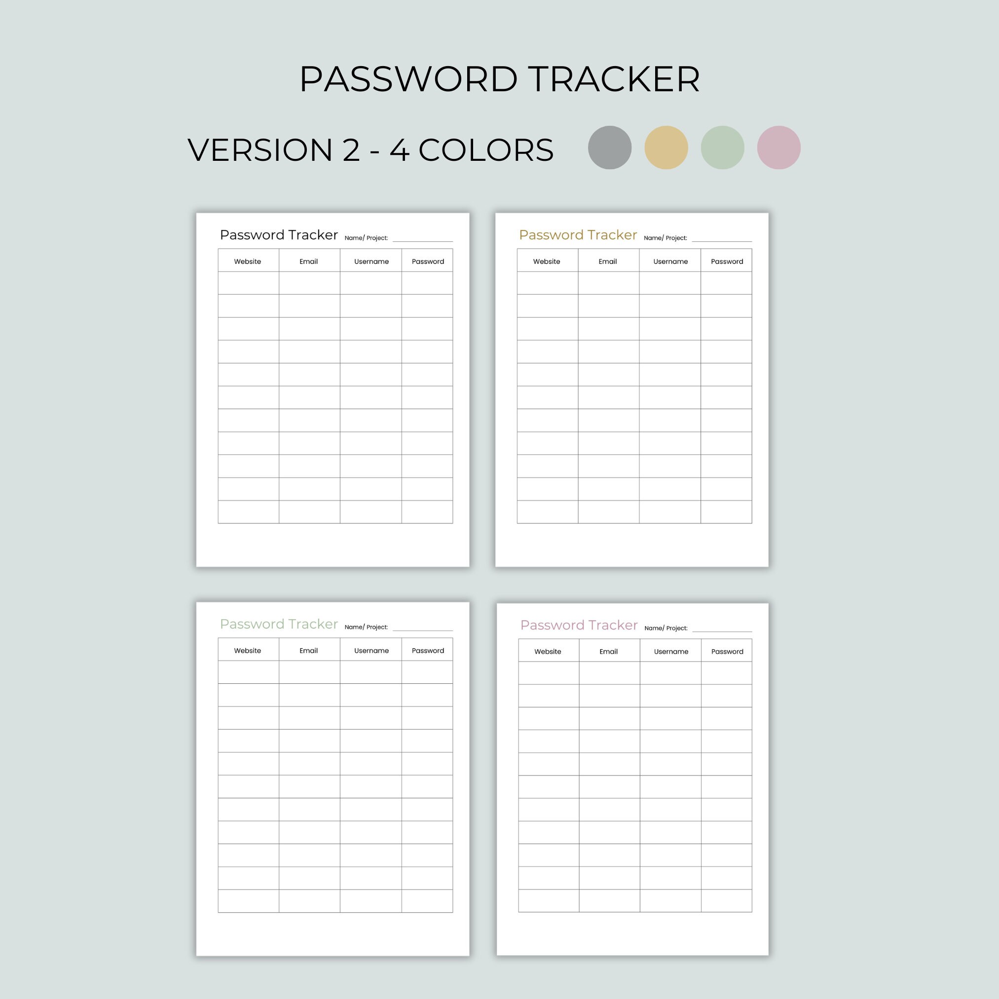 Printable Password Tracker, Digital Password Organizer in 4 Colors, PDF ...
