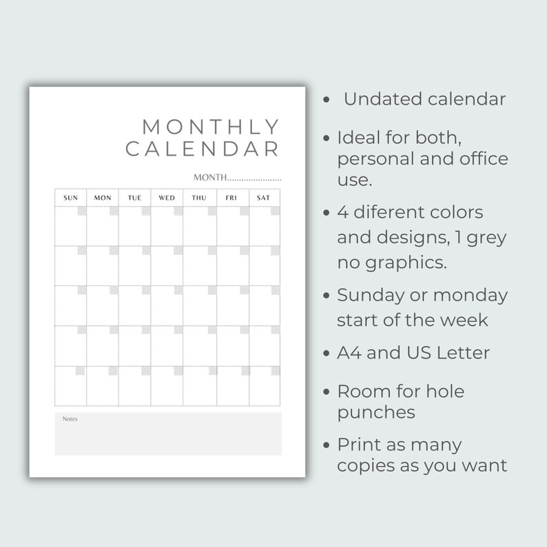 Undated Monthly Calendar, Printable PDF, Blank Calendar Template ...