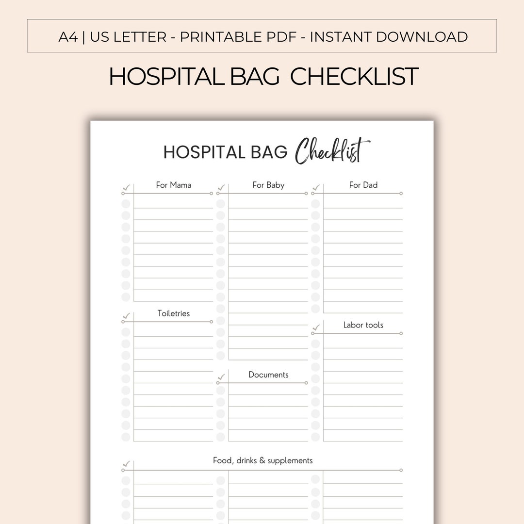 Hospital Bag Checklist, Customizable Blank Checklist - One Page ...