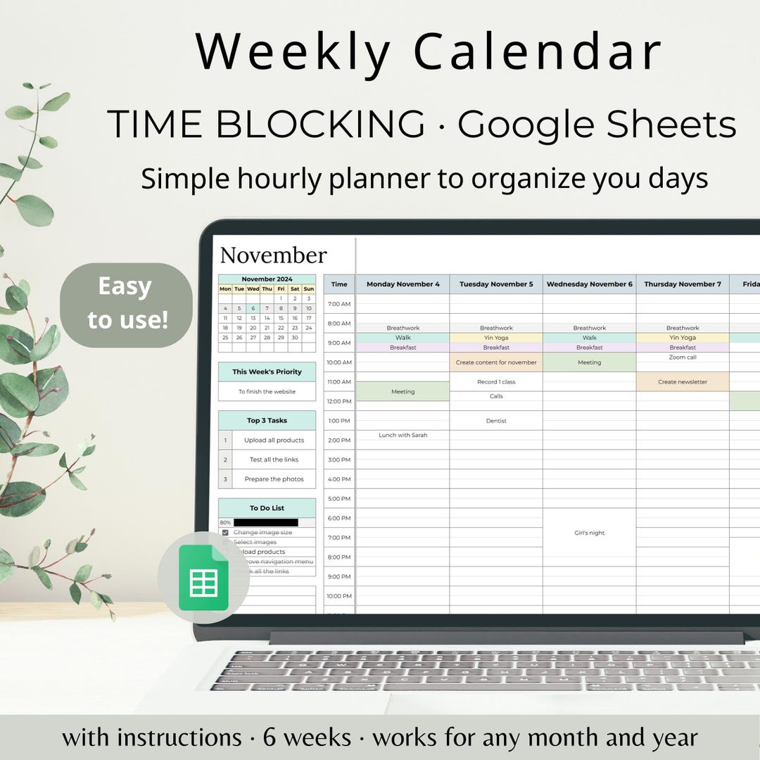 Weekly Time Blocking Calendar, Google Sheets Weekly Hourly Planner, To ...