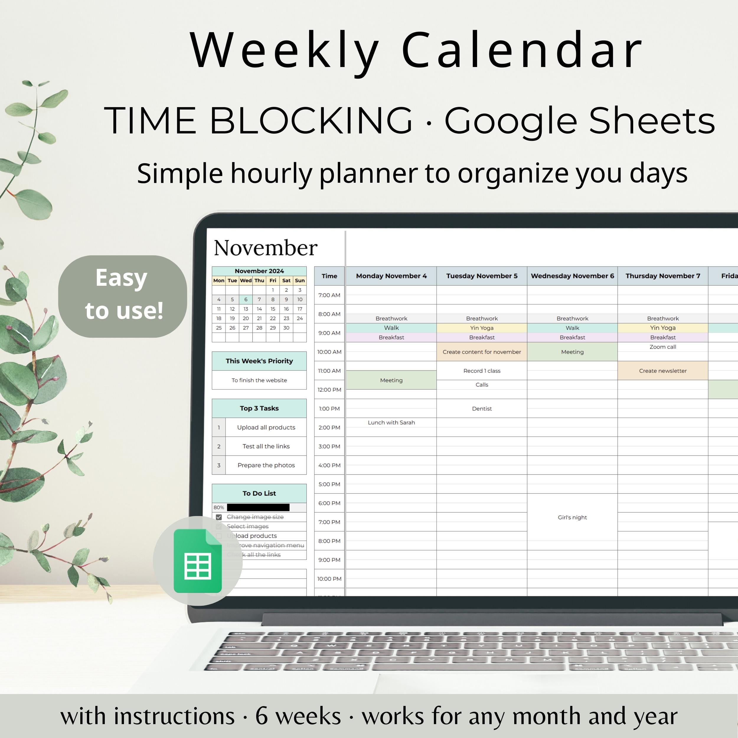 Weekly Time Blocking Calendar, Google Sheets Weekly Hourly Planner, To ...