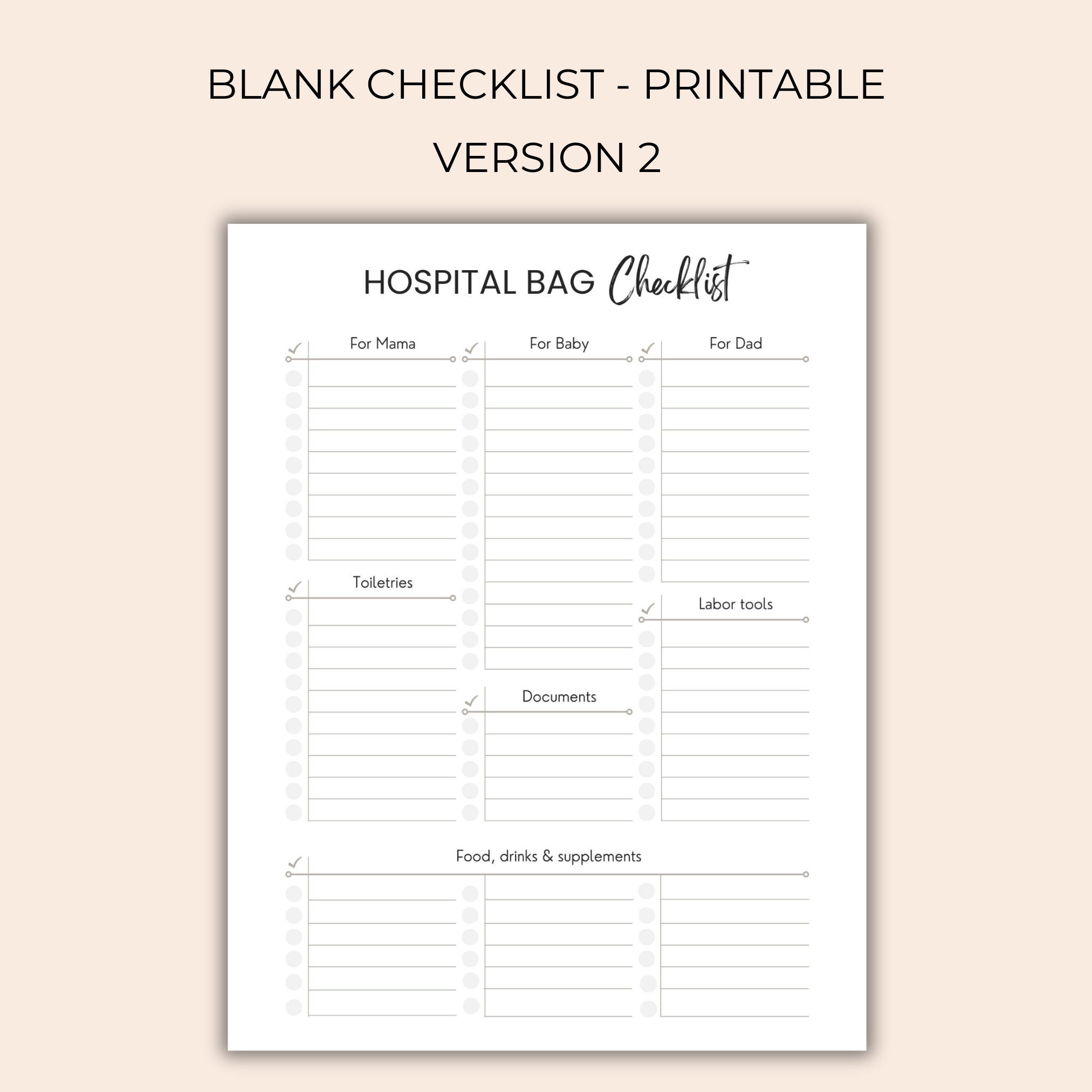 Hospital Bag Checklist, Customizable Blank Checklist - One Page ...
