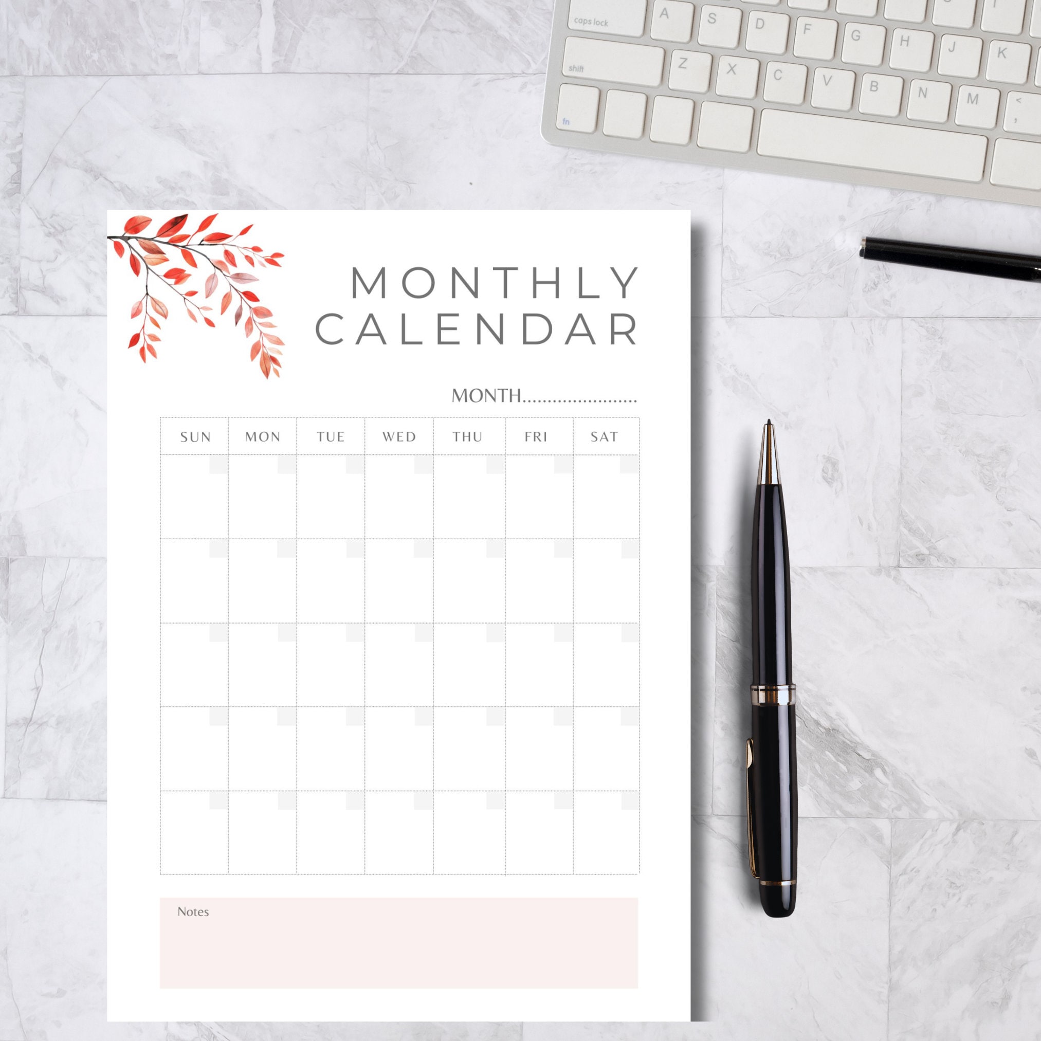 Undated Monthly Calendar, Printable PDF, Blank Calendar Template ...
