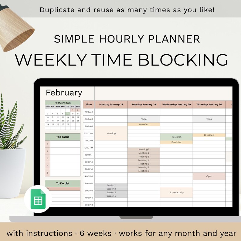 Weekly Time Blocking Calendar, Google Sheets Weekly Hourly Planner, To ...