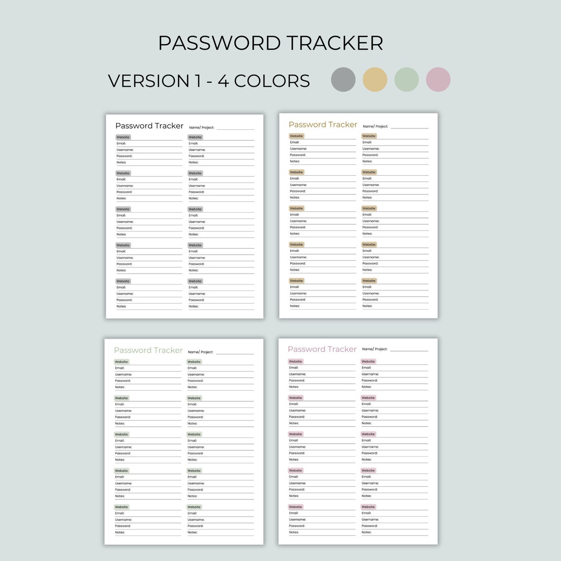 Printable Password Tracker, Digital Password Organizer in 4 Colors, PDF ...